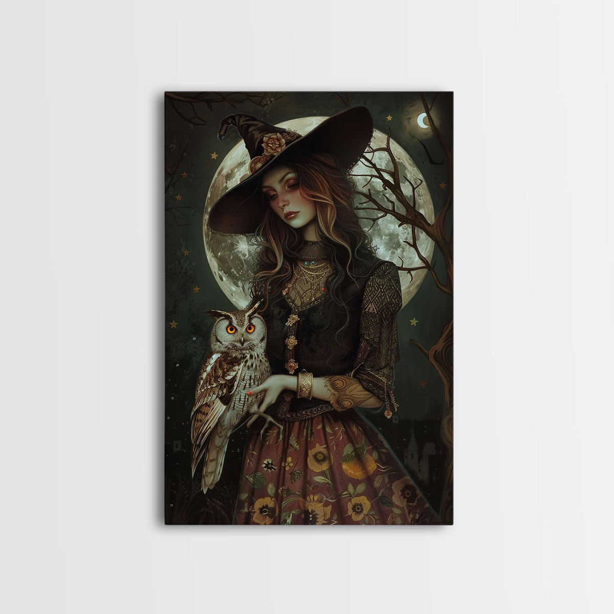 Witch Holding Owl Canvas Print - Halloween Art, Spooky Home Decor, Wal