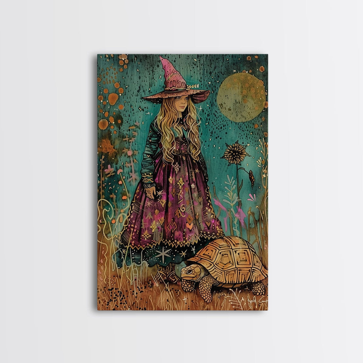 Witch With Tortoise Canvas Print - Halloween Art, Spooky Home Decor, W
