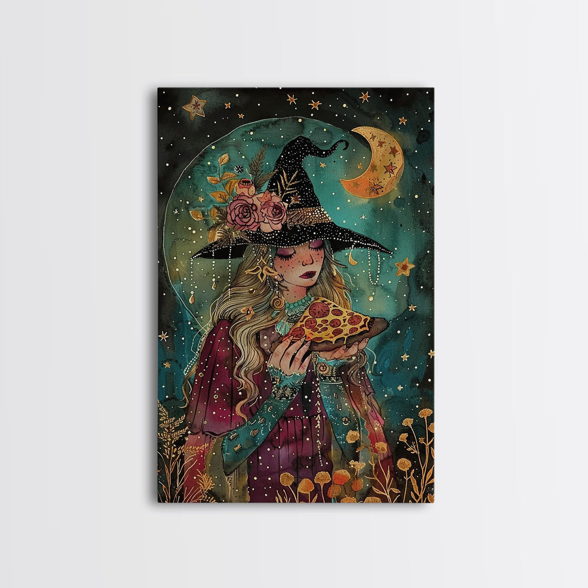 Summer Witch and Her Slice Of Pizza, Framed Canvas Print, Cute / Funny