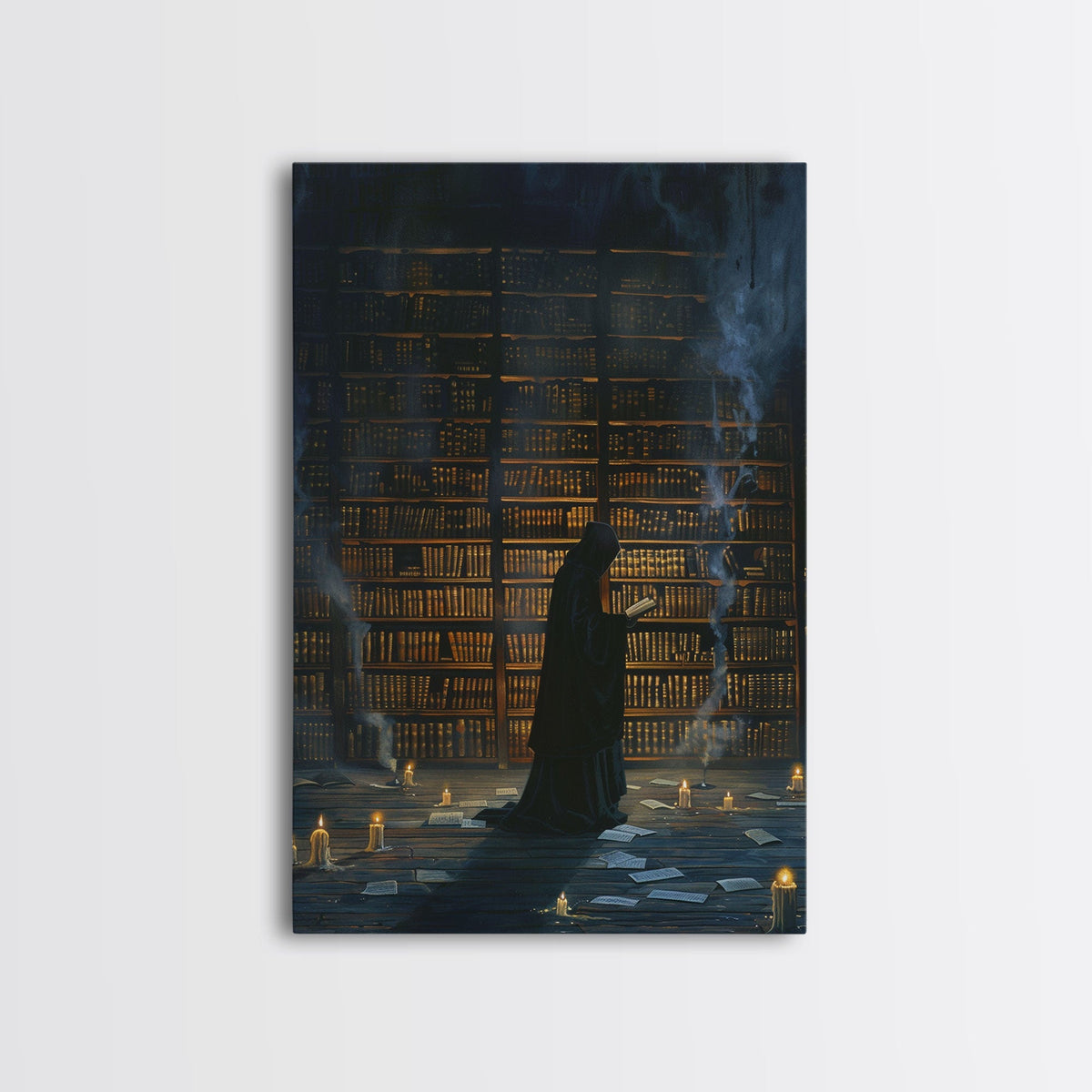 Hooded Figure in Library Halloween Art, Spooky Study, Haunted Library,