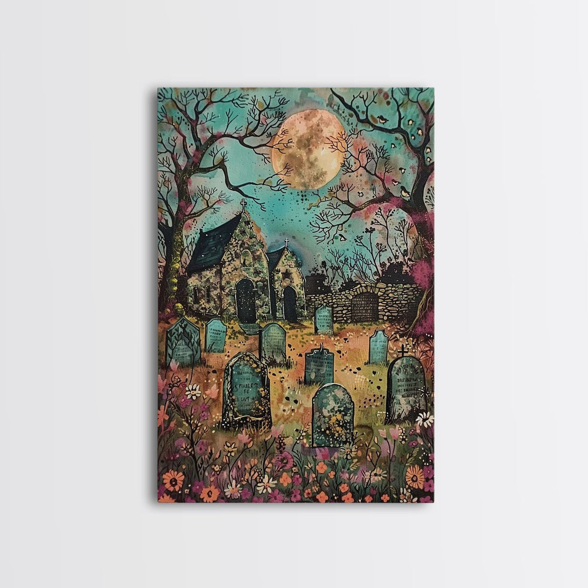 Haunted Churchyard Framed Canvas Print, Halloween Art, Gothic Cemetery
