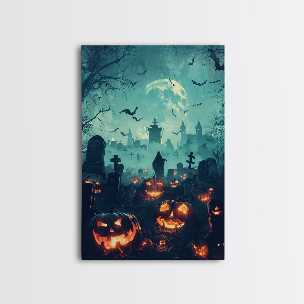 Bats and Jack-O-Lanterns Framed Canvas Print, Halloween Wall Art, Haun