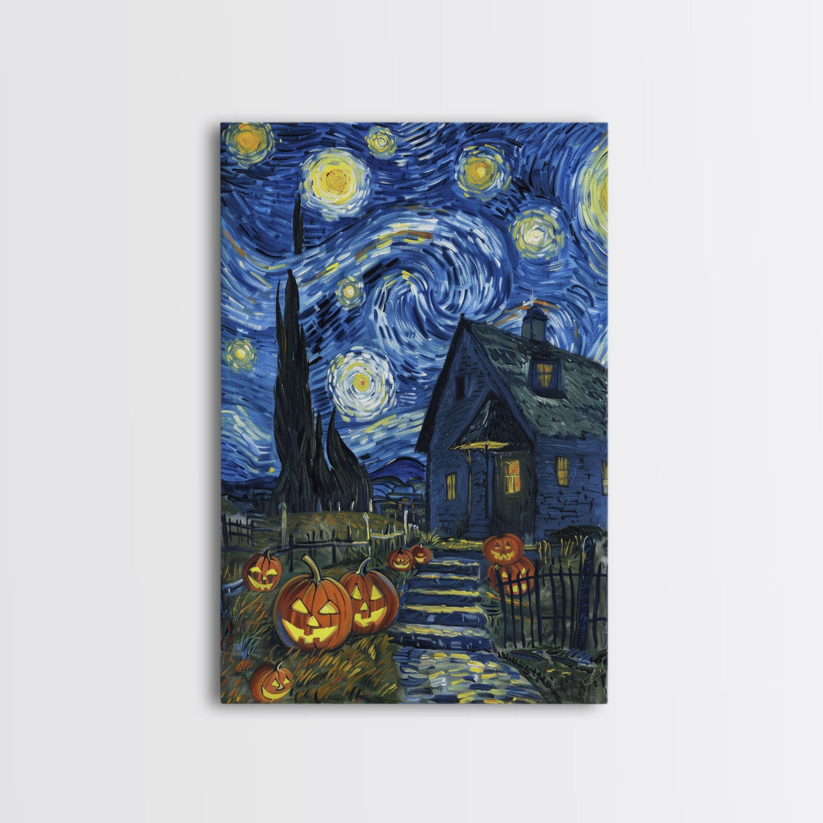 Spooky Starry Night with Jack-O-Lanterns Framed Canvas Print, Hallowee