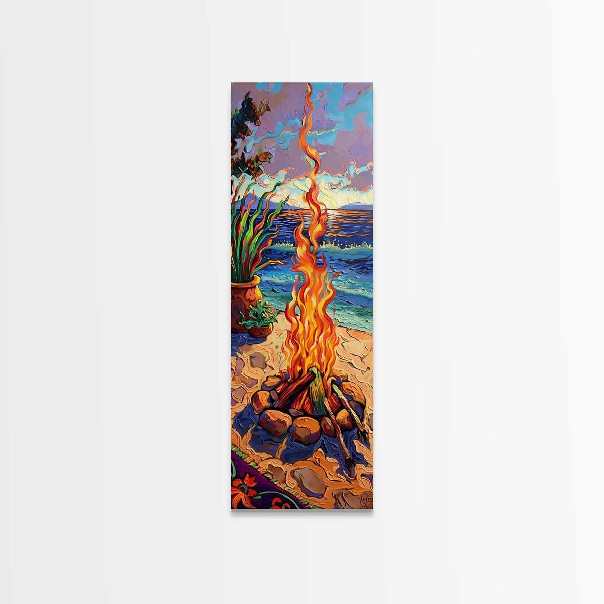 Abstract Canvas Painting of Campfire on Beach, Beachy Wall Art, Tall a