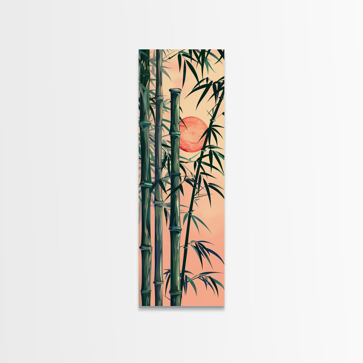 Framed Canvas Print Of Bamboo Stalks And Red Sun, Traditional Japanese