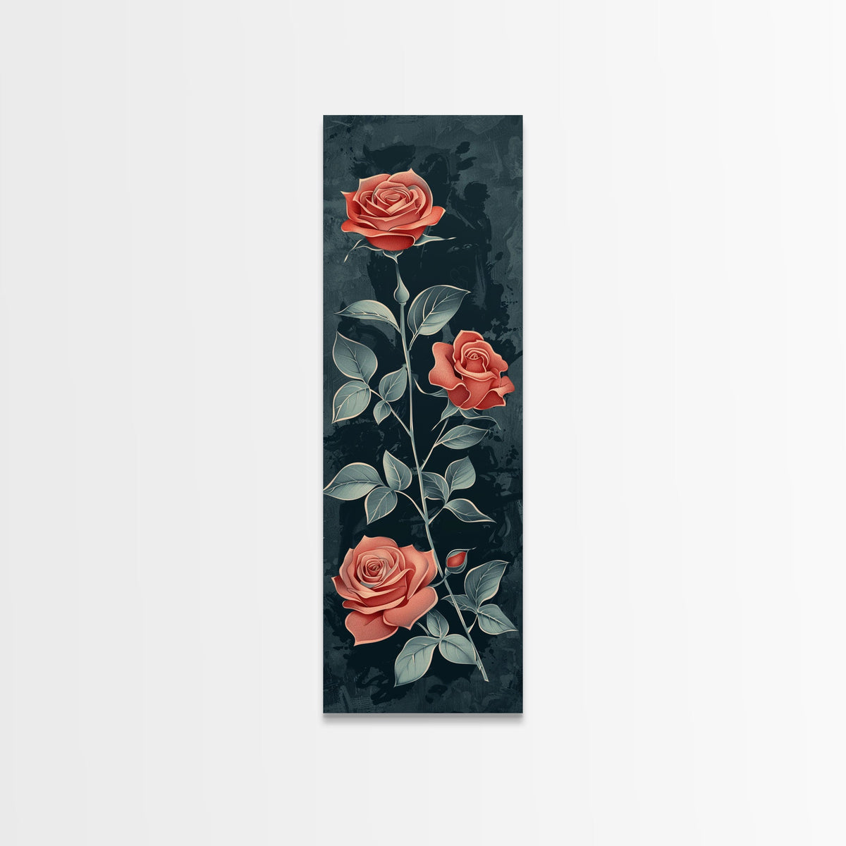 Deep Red Roses With Dark Green Foliage Skinny Art Tall Art Framed Canv