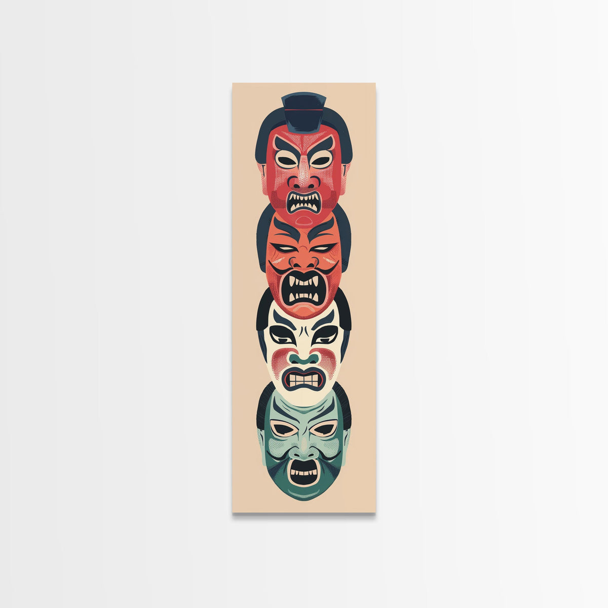 Bold Striking Japanese Kabuki Masks Vibrant Colors Depicted Traditiona