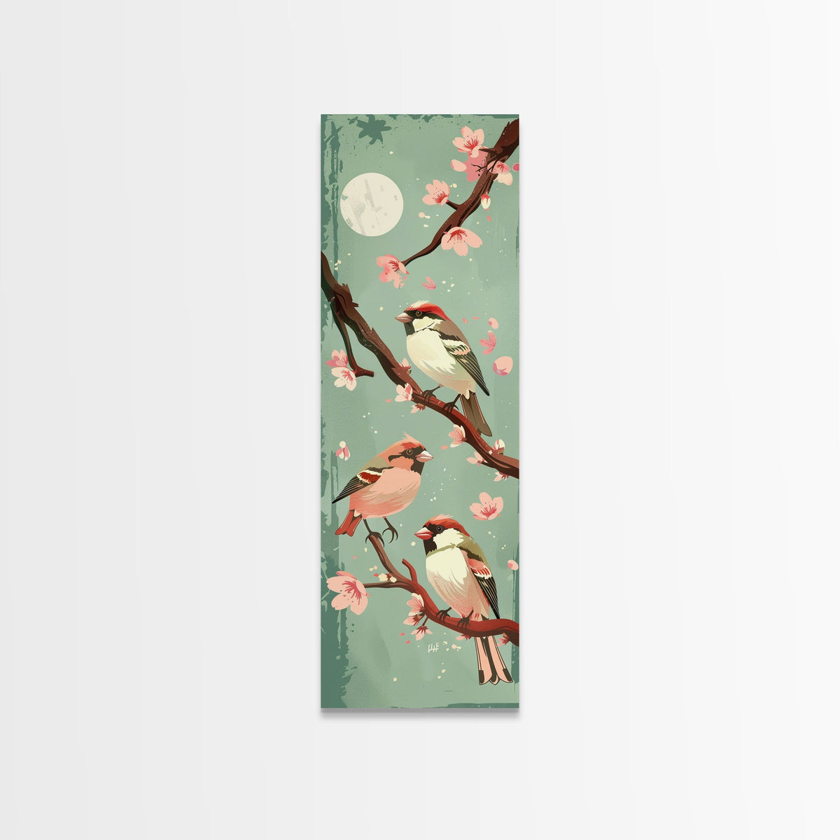 Delicate Sparrows Perched On Cherry Blossoms Under Full Moon Serene Ni