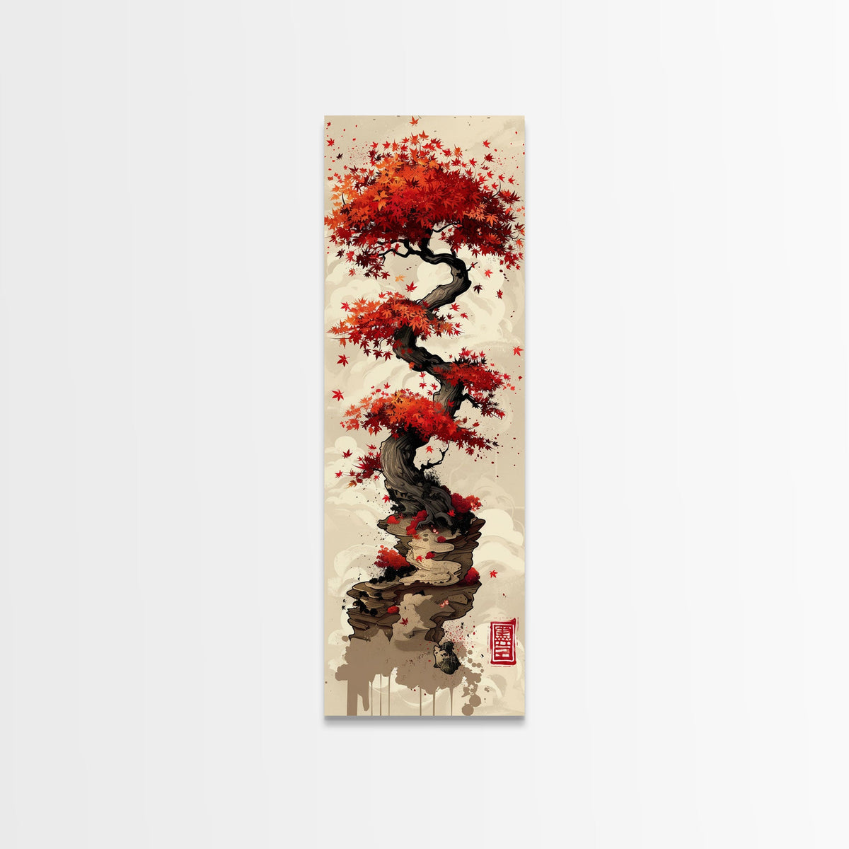 Vibrant Red Maple Tree with Twisting Branches on a Beige Background Uk