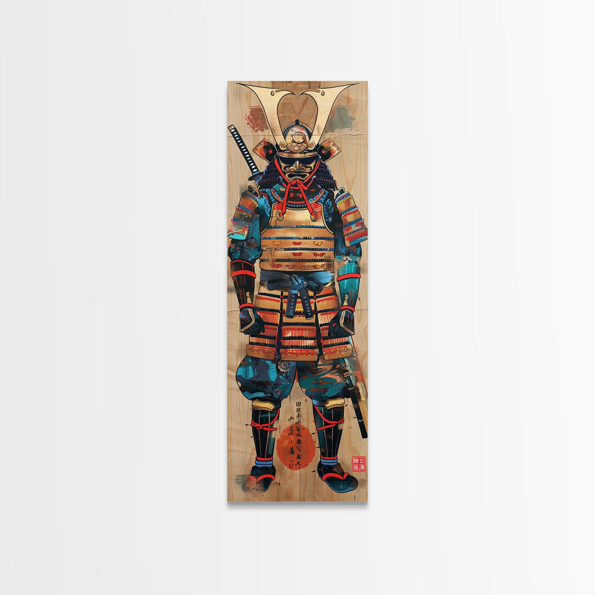 Skinny Art, Tall Art, Samurai Armor Wood Block Print Framed Canvas Pri