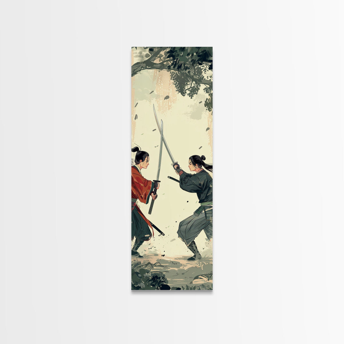 Skinny Art Tall Art Samurai Duel Wood Block Print Japanese Style Art I