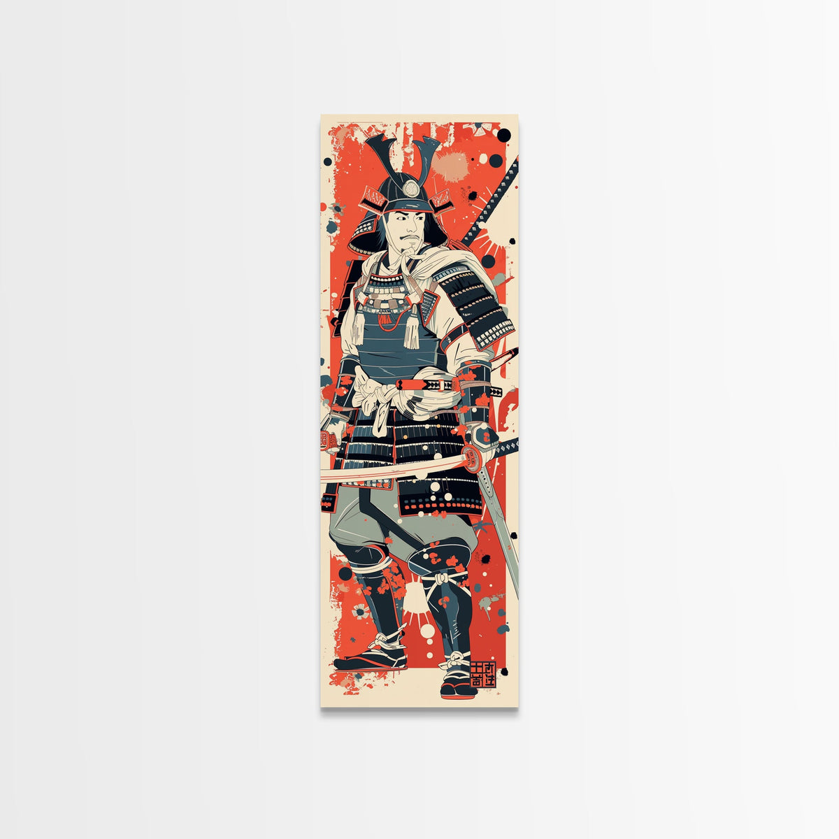 Tall Skinny Art Japanese Style Wood Block Print Samurai Warrior In Ful