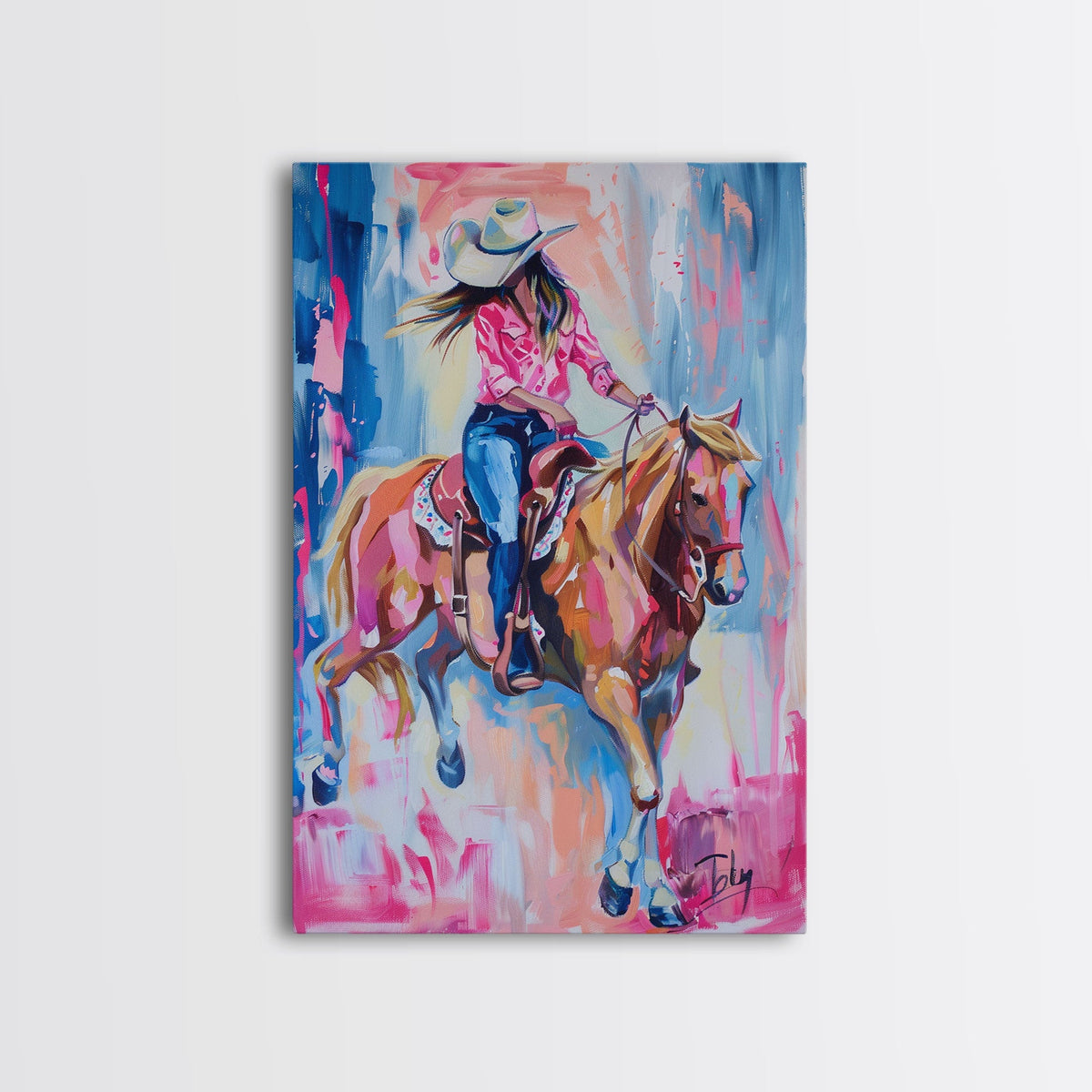 Stylish Cowgirl Riding Horse - Colorful Western Art, Framed Canvas Pri
