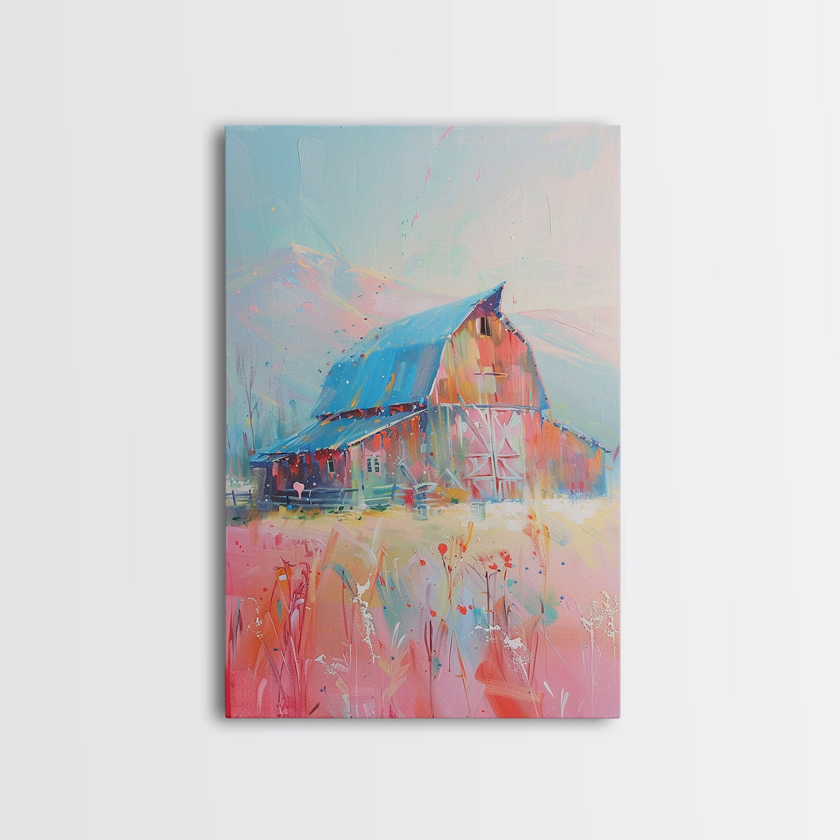 Idyllic Pastel Barn Scene in Vibrant Colors - Framed Canvas Print, Far