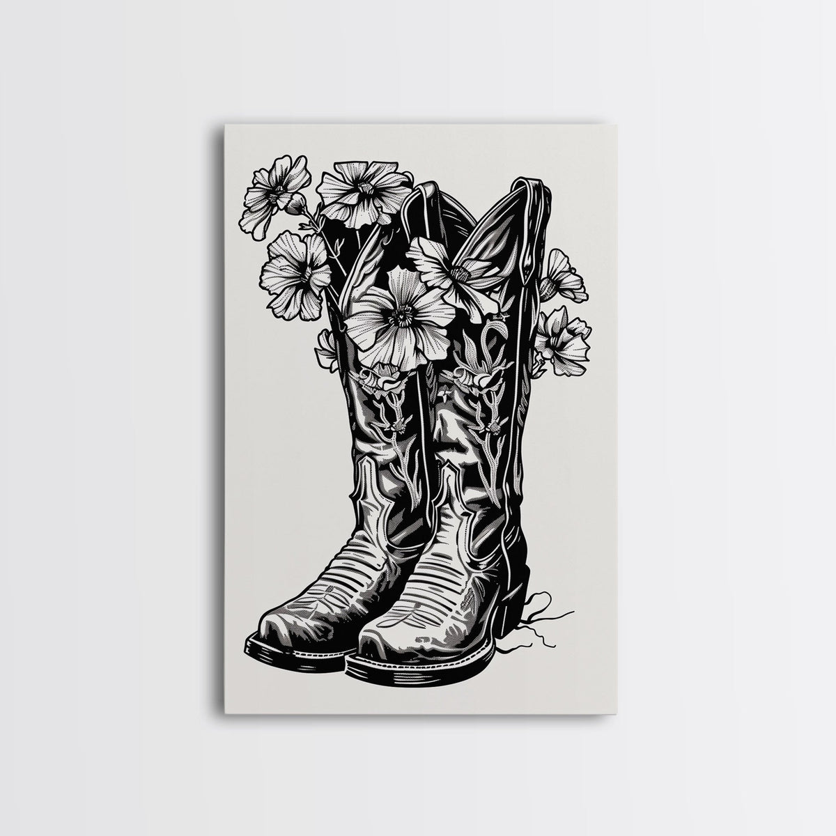 Floral Cowboy Boots Art Print, Retro Western Framed Canvas, Vintage Fl
