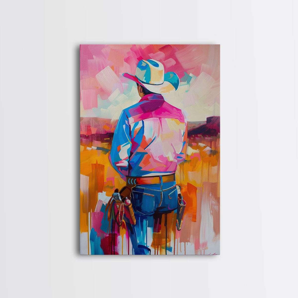 Abstract Cowboy Art in Pastel Hues - Framed Canvas Print, Contemporary