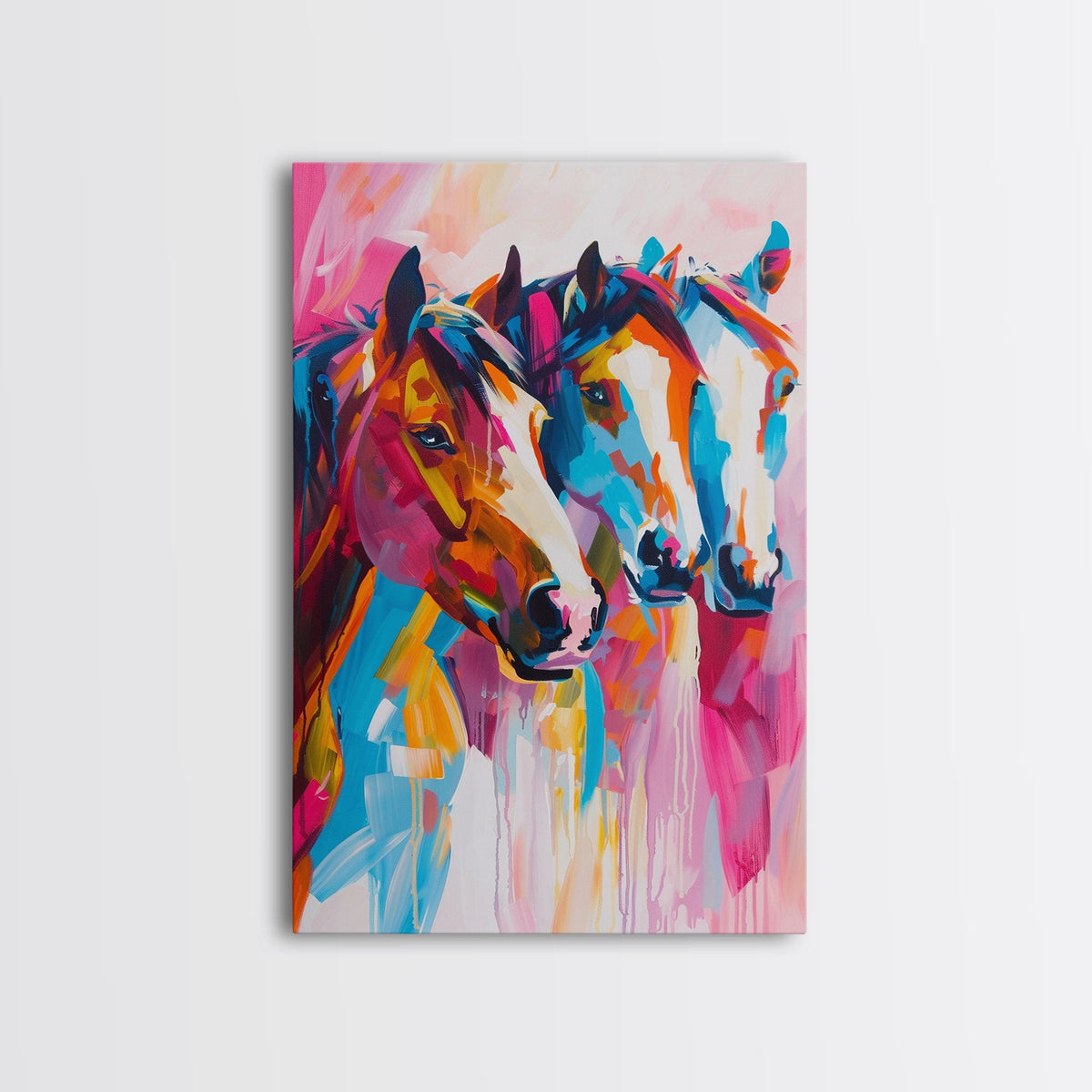 Three Horses in Vibrant Colors Framed Canvas Print - Bold Horse Wall A