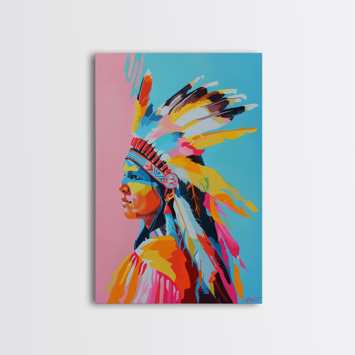 Colorful Native American Woman Framed Canvas Print - Stunning Wall Art