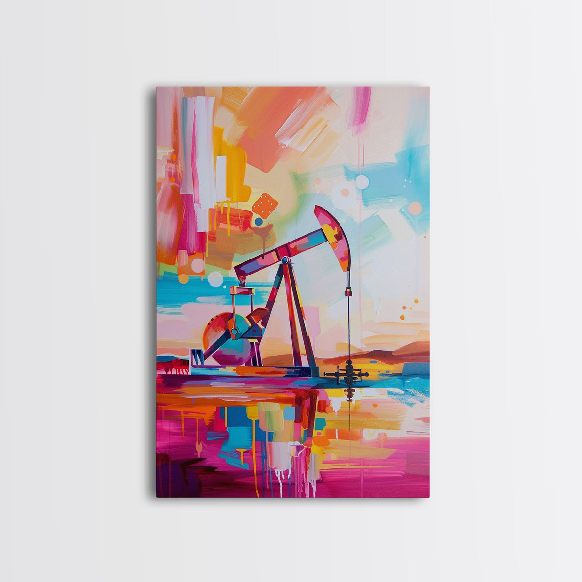 Vibrant Abstract Oil Rig Art - Framed Canvas Print, Modern Industrial
