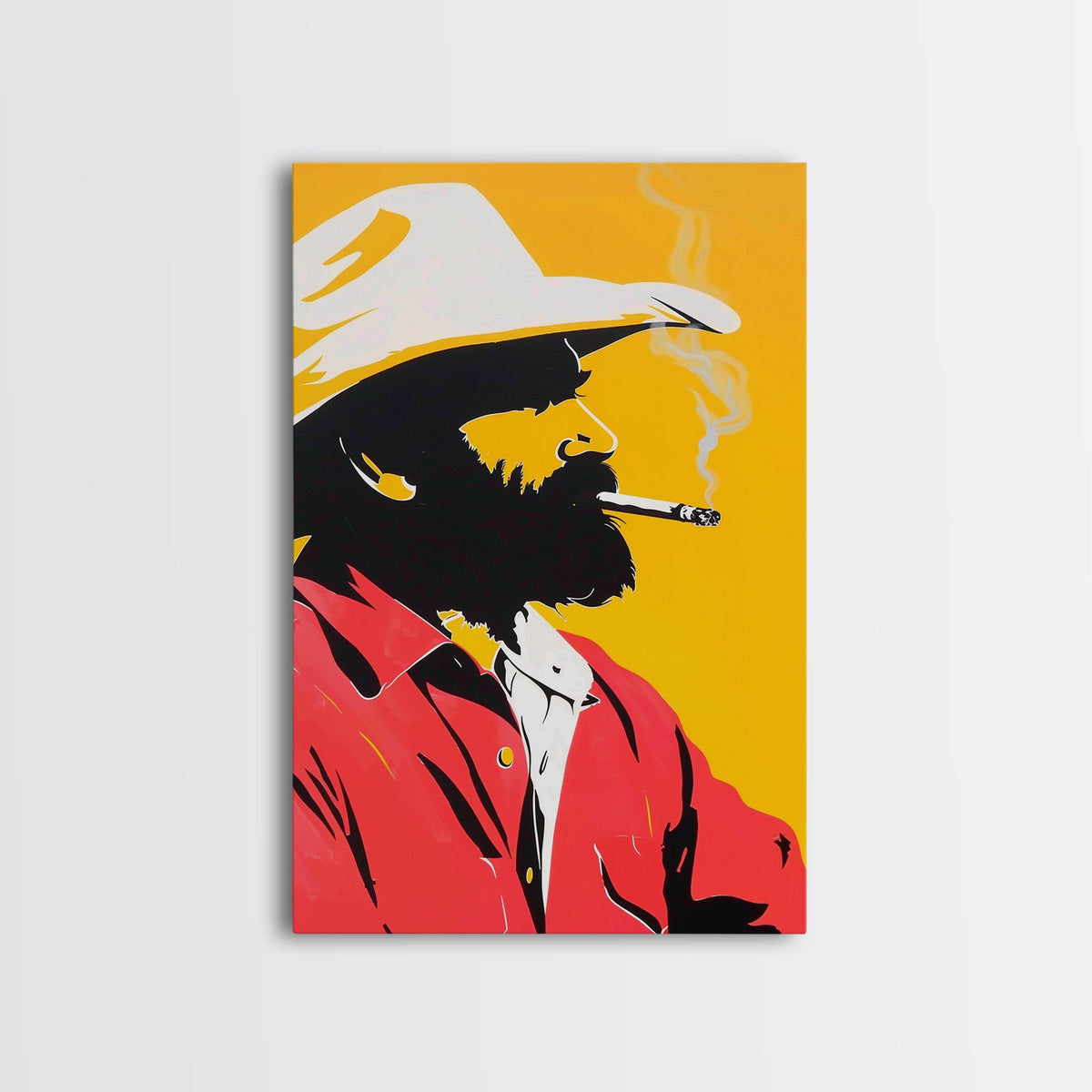 Silhouette of Bearded Man Smoking - Framed Canvas Print, Bold Pop Art,