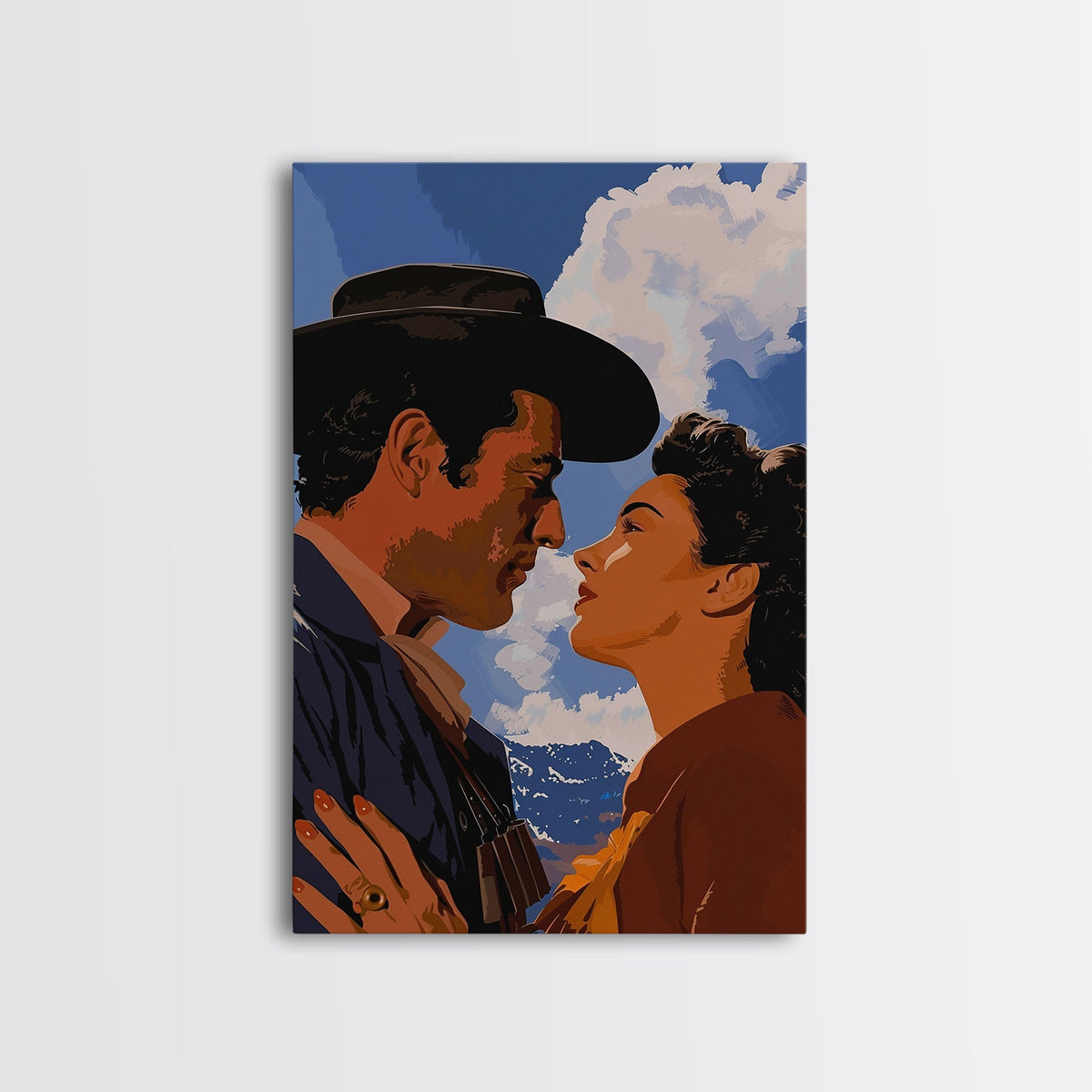 Romantic Cowboy Couple in Western Landscape - Framed Canvas Print, Vin