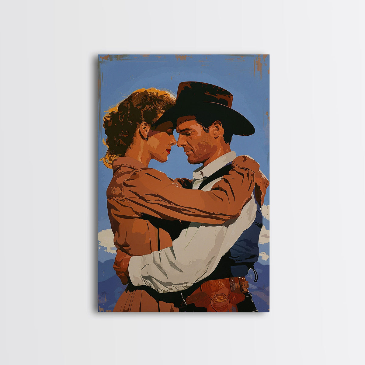 Intimate Western Couple Embracing - Framed Canvas Print, Vintage Weste