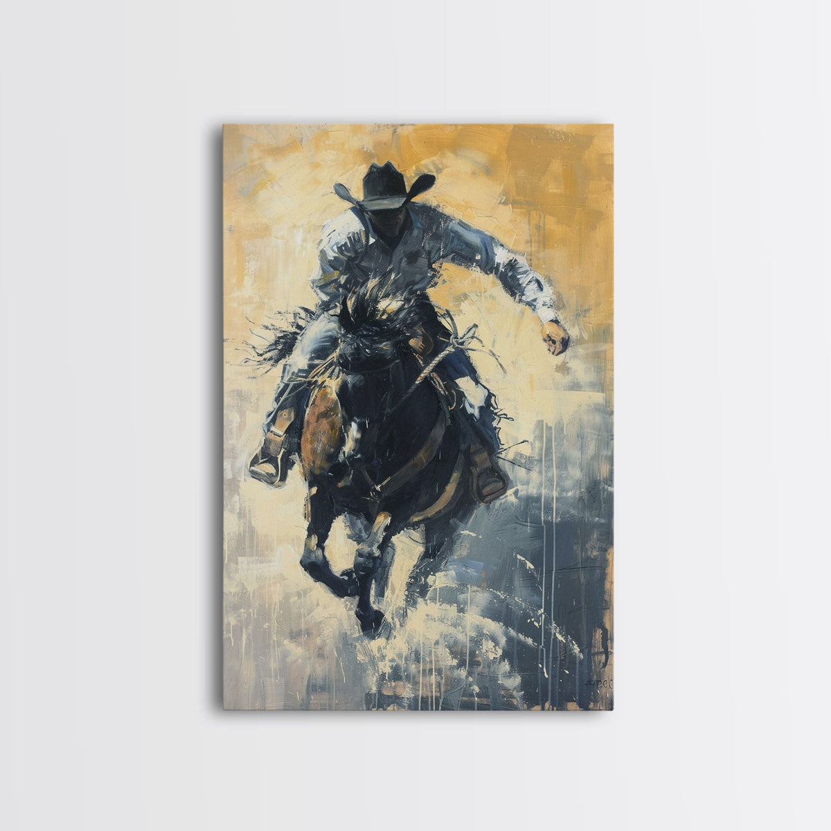 Western Cowboy Riding a Bucking Horse - Framed Canvas Print, Cowboy Wa