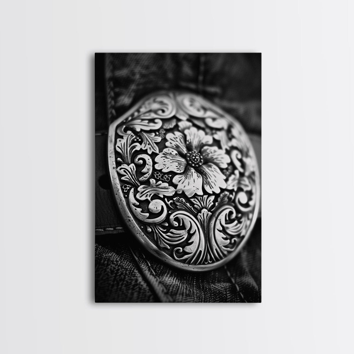 Close-up of Western belt buckle, detailed black and white photography,
