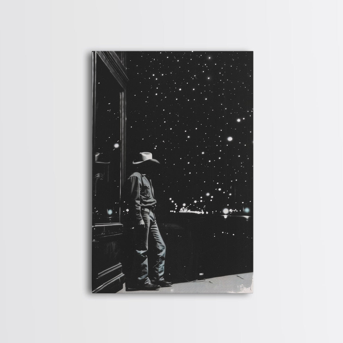Cowboy in Starry Night Print - Framed Canvas Wall Art, Rustic Western