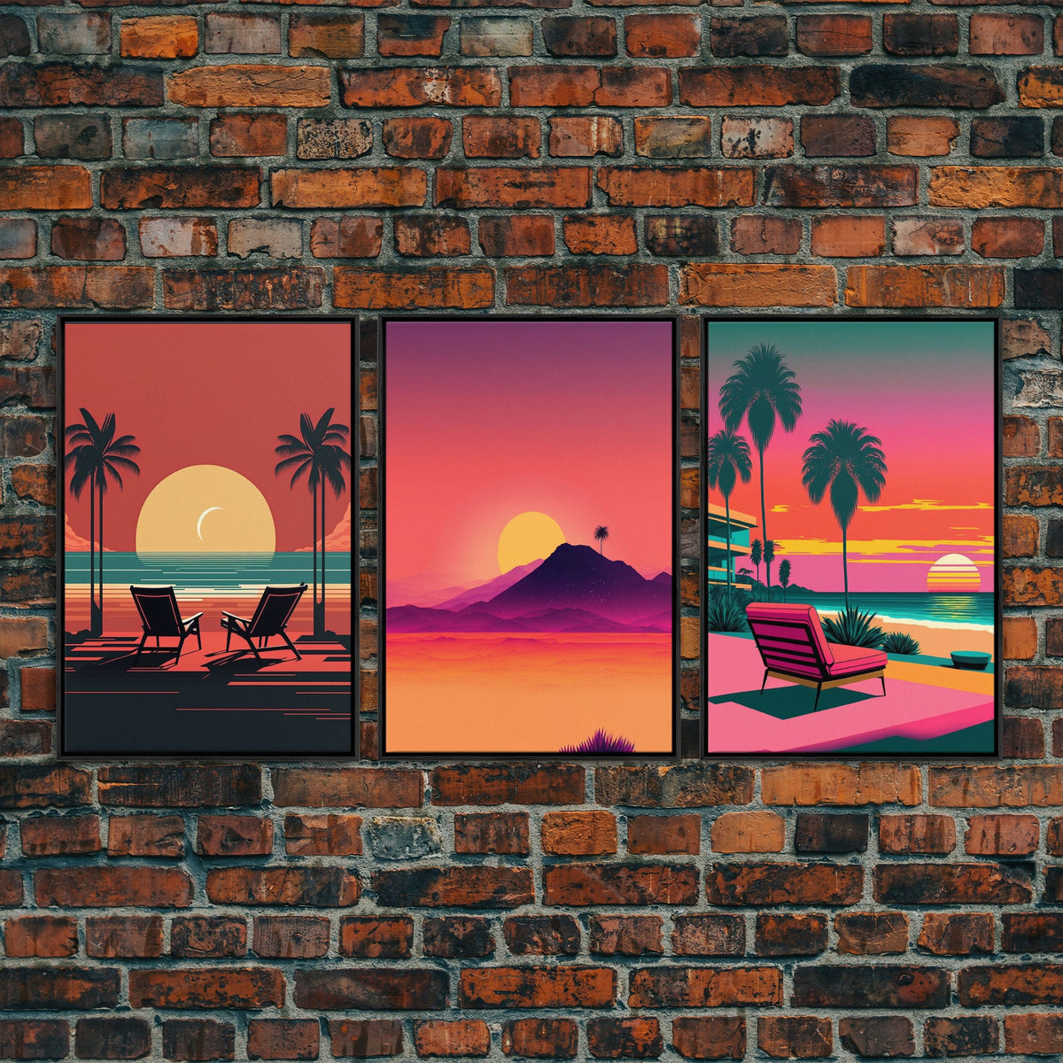 Outrun Style Midcentury Modern Wall Art, Framed Canvas Prints, Triptyc