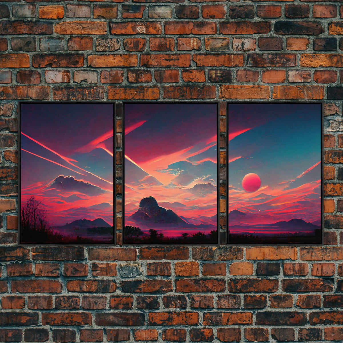 Outrun Style Sunset Over The Mountains, 3 Piece Wall Art, Ready To Han