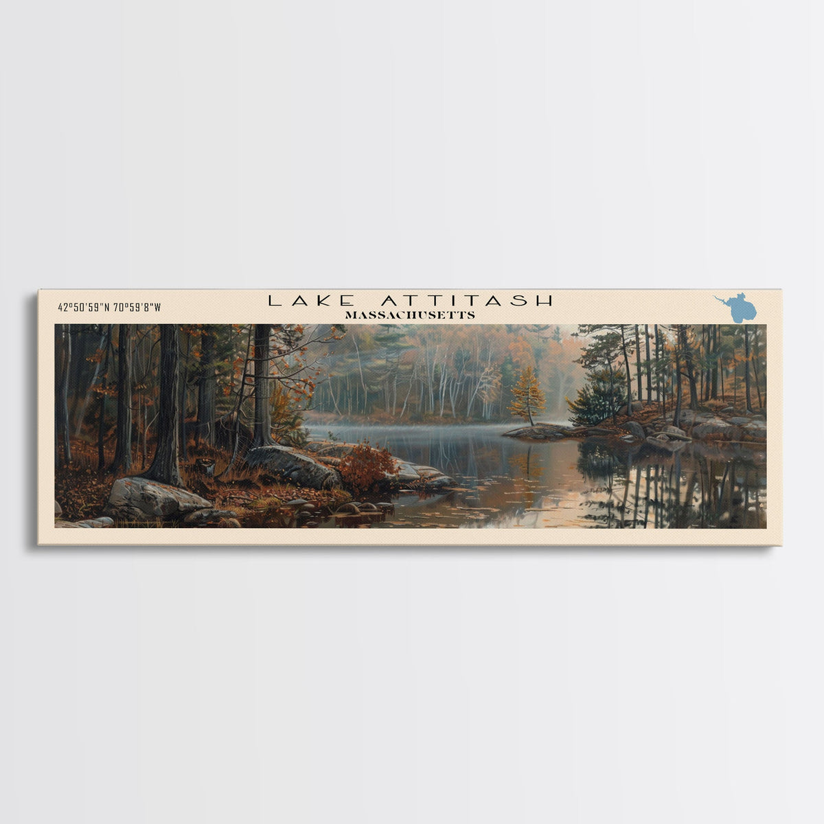 Lake Attitash Massachusetts Framed Canvas Print, Lake House Art, Panor