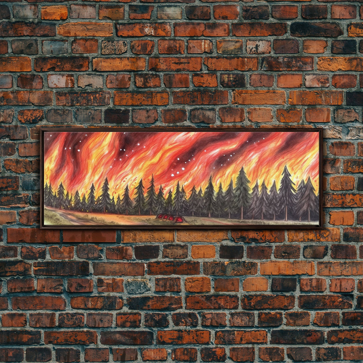 Forest Fire Art Print, Colored Pencil Art, Pines Trees, Flames, Red Ar