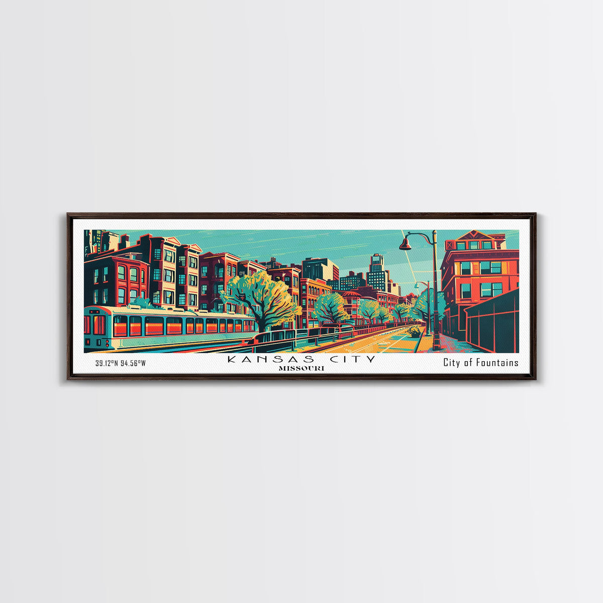 Kansas City Missouri Panoramic Travel Poster Framed Canvas Print, Mid