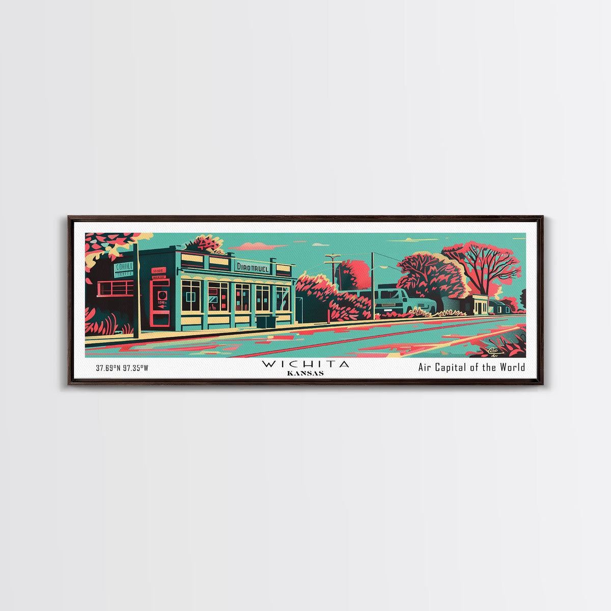 Wichita Kansas Panoramic Wall Art Framed Canvas Print, Travel Poster,