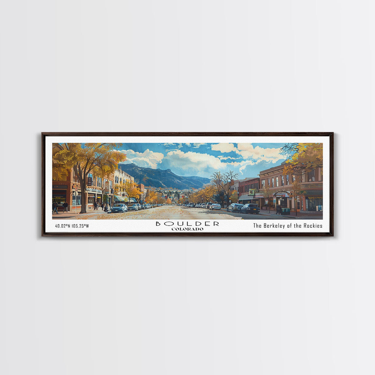Boulder Colorado Panoramic Painting, Watercolor Framed Canvas Print, S