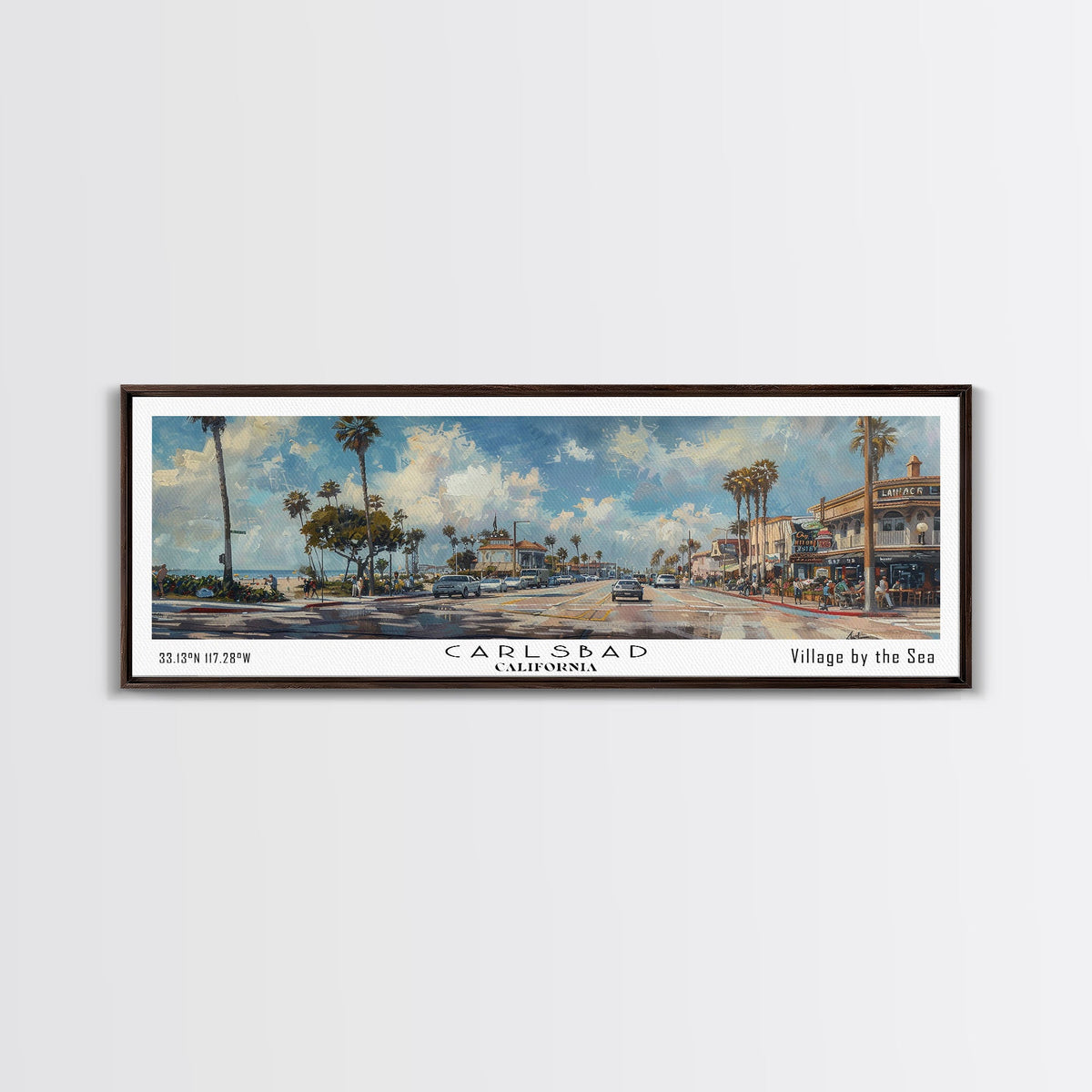 Carlsbad California Panoramic Watercolor Style Framed Canvas Print, Co