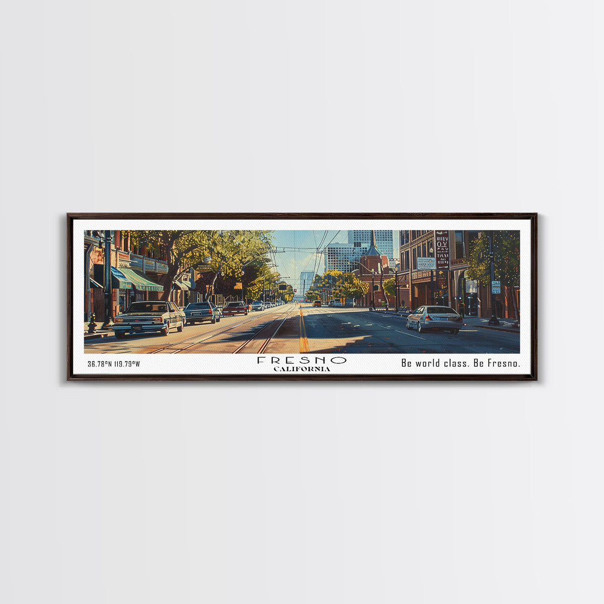Fresno California Panoramic Watercolor Painting, Scenic Framed Canvas
