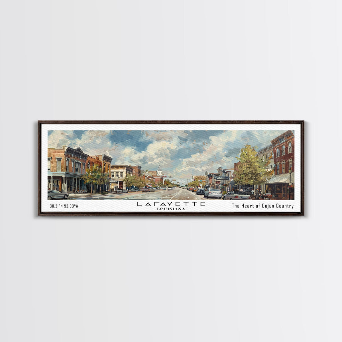Lafayette Louisiana Panoramic Cityscape Wall Art, Watercolor Framed Ca