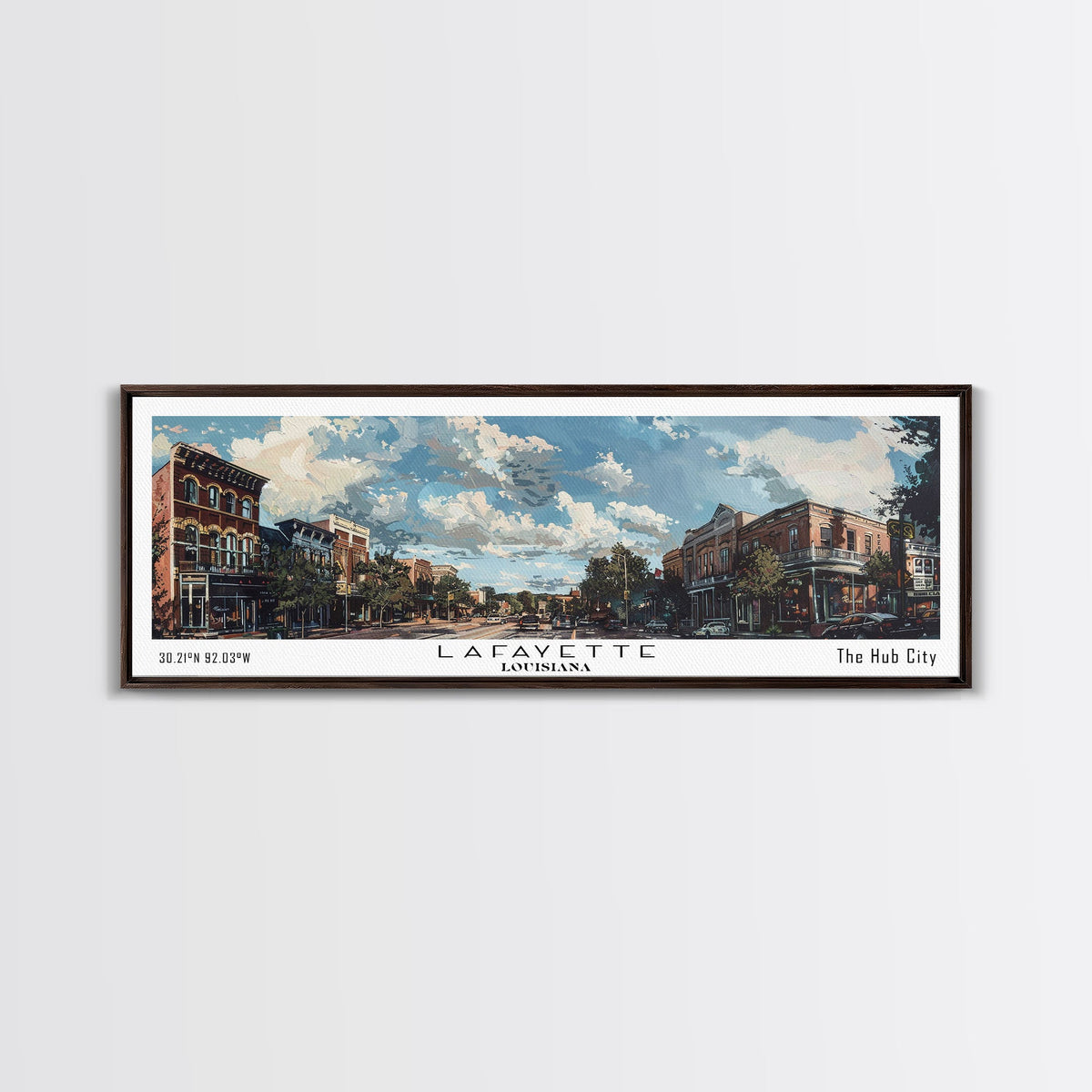 Lafayette Louisiana Panoramic Watercolor Cityscape, Framed Canvas Prin