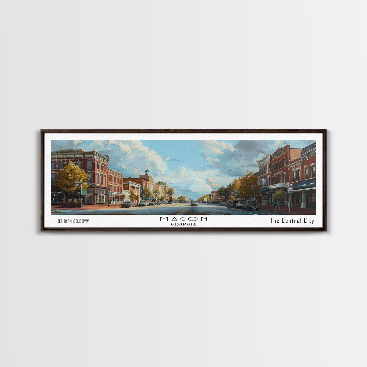 Macon Georgia Panoramic Cityscape Painting, Framed Canvas Print, Urban