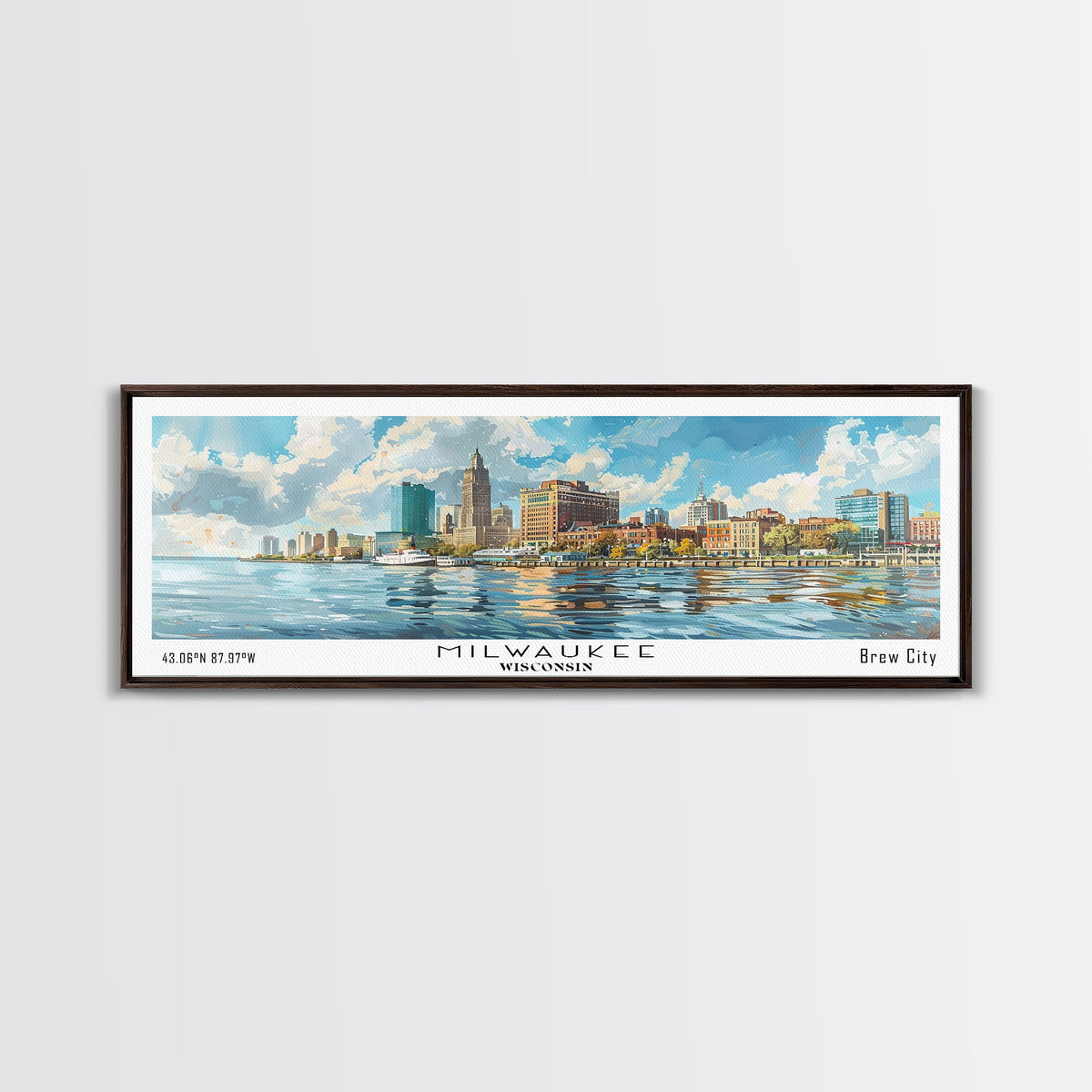 Milwaukee Wisconsin Panoramic Framed Canvas Print, Watercolor Cityscap