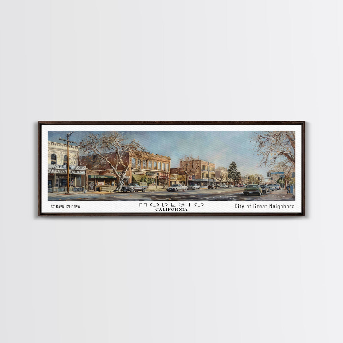Modesto California Panoramic Framed Canvas Print, Beautiful Watercolor