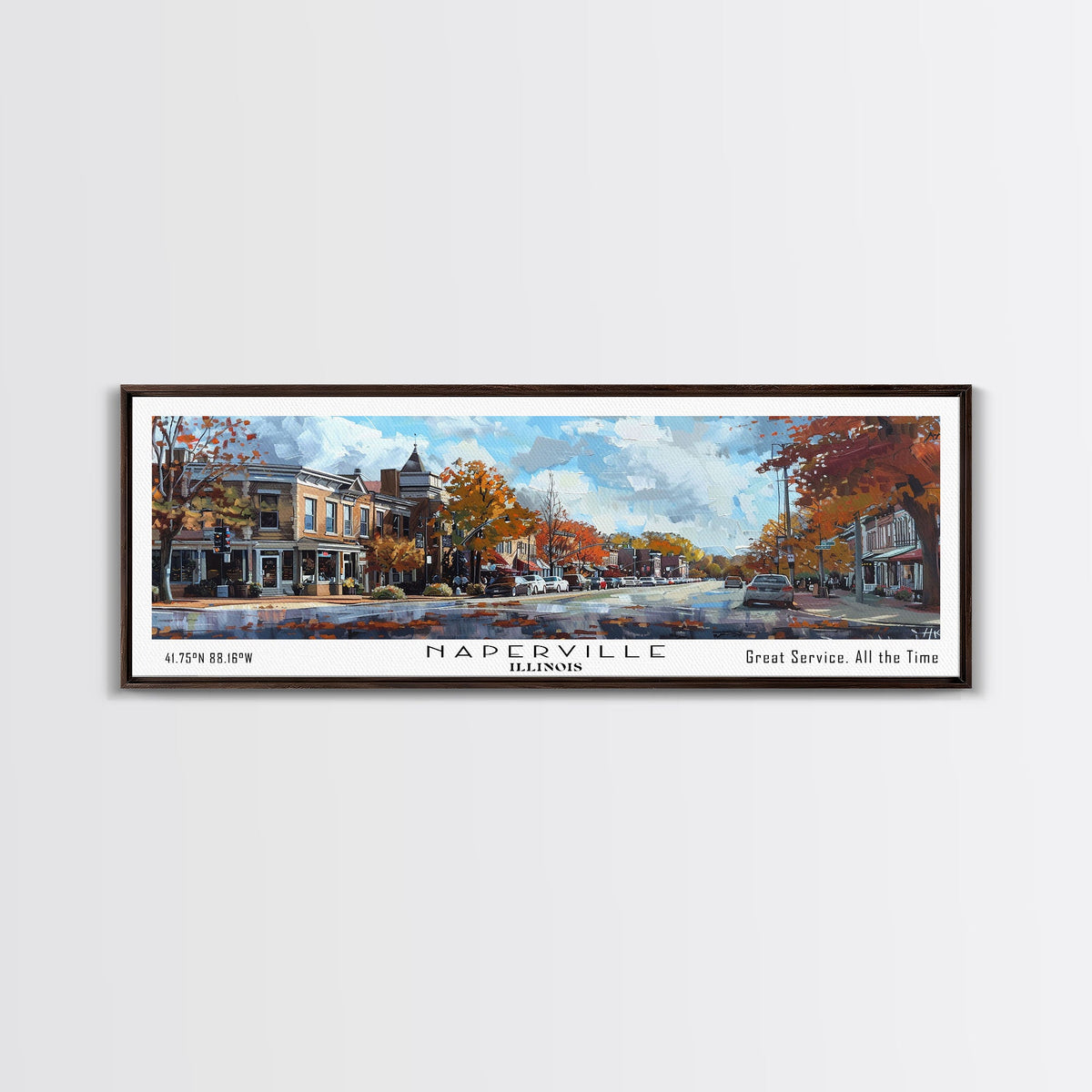 Naperville Illinois Panoramic Framed Canvas Print, Watercolor Cityscap