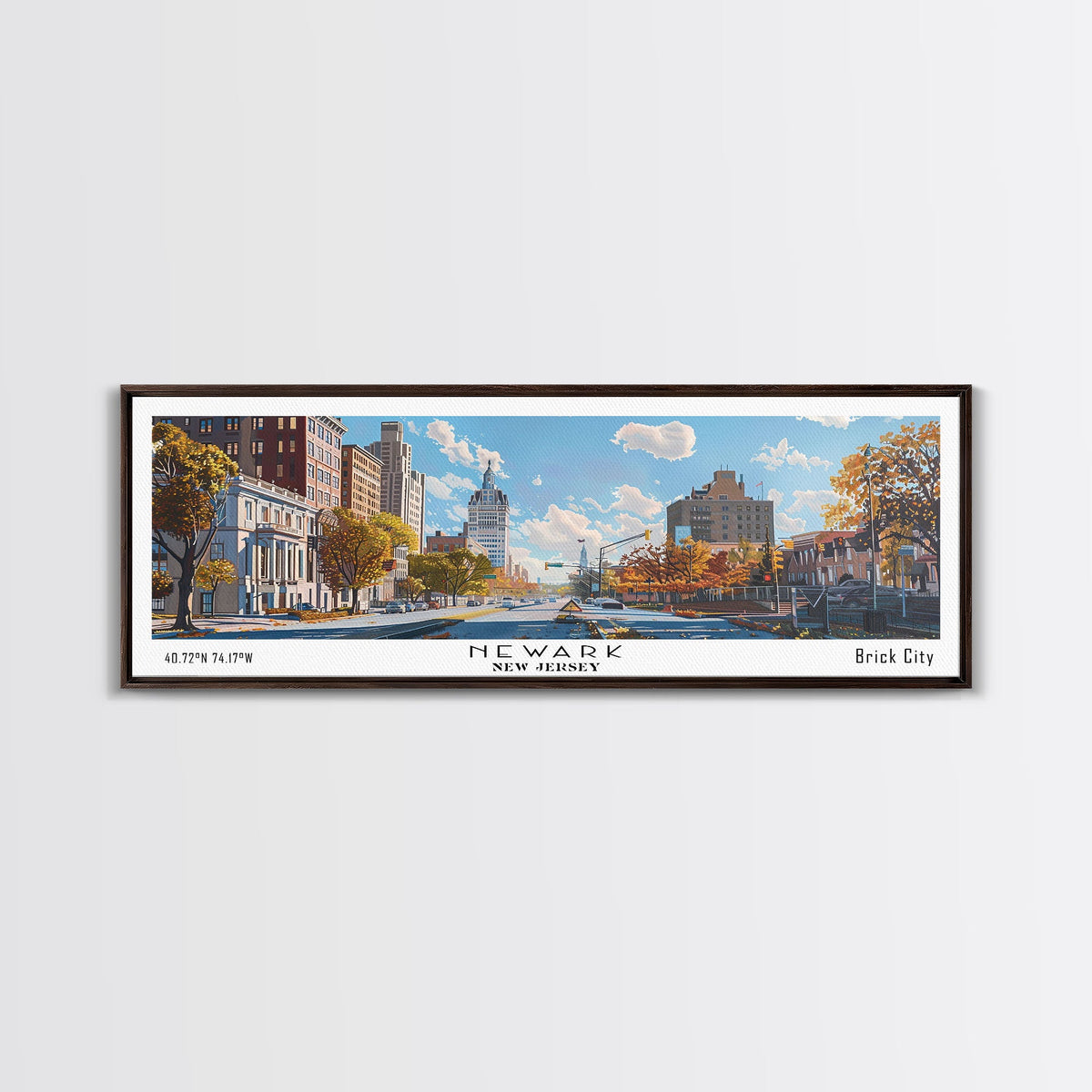 Newark New Jersey Panoramic Framed Canvas Print, Watercolor City Art,