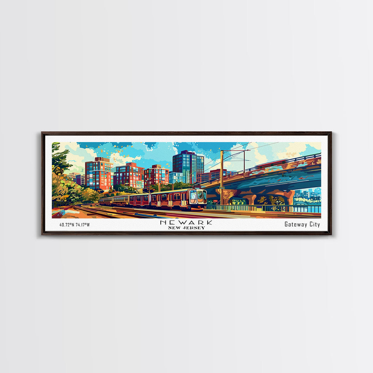 Newark New Jersey Panoramic Painting, Retro Style Framed Canvas Print,