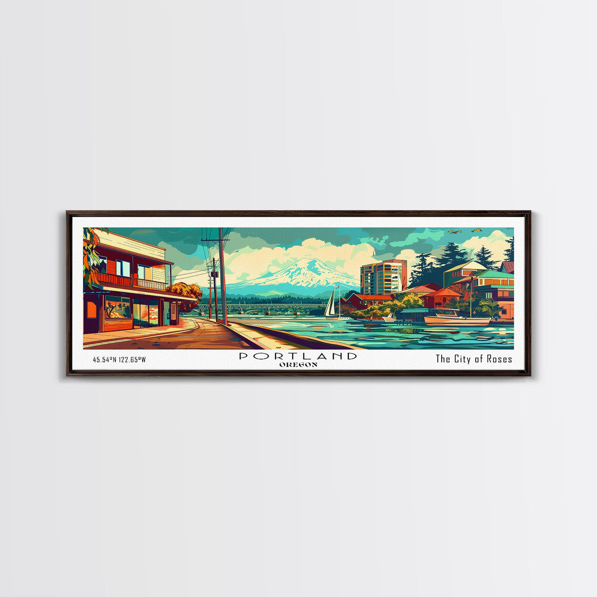 Portland Oregon Panoramic Painting, Mid Century Modern Framed Canvas P