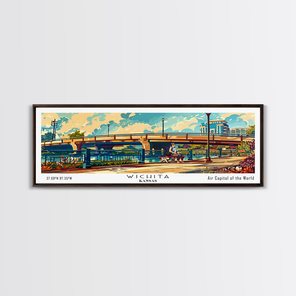 Wichita Kansas Panoramic Painting, Mid Century Modern Framed Canvas Pr