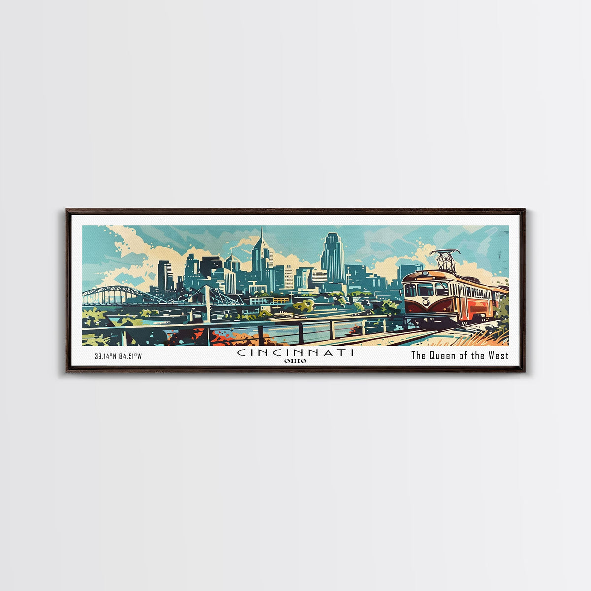 Cincinnati Ohio Panoramic Wall Art, Retro Pop Art Framed Canvas Print,