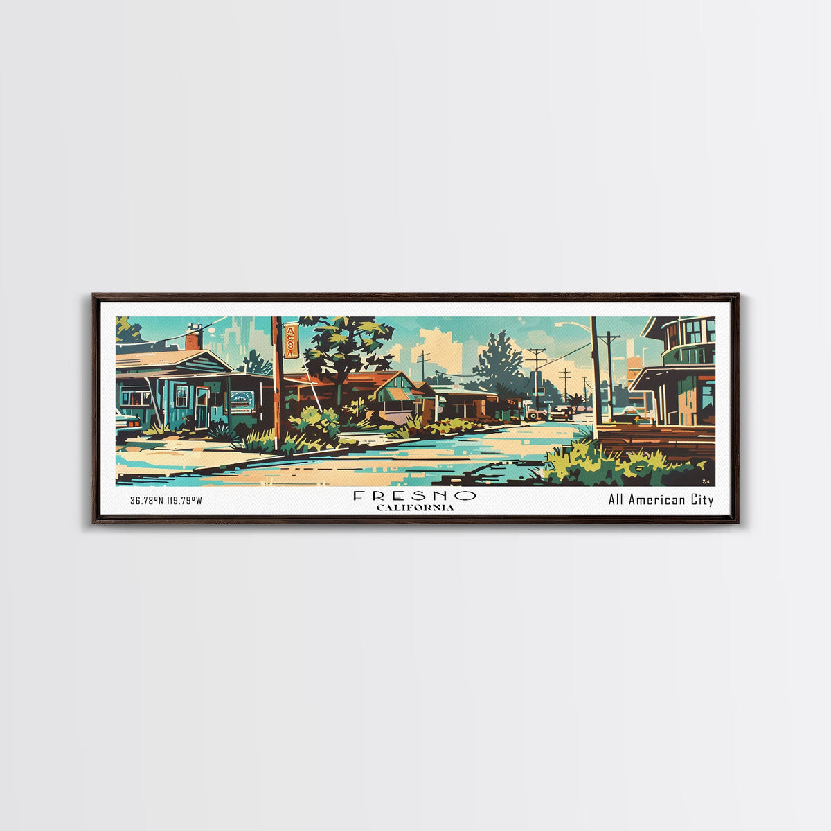 Fresno California Panoramic Wall Art, Retro Pop Art Framed Canvas Prin